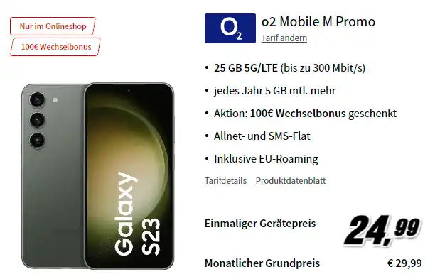 🚀 o2 Mobile M: 25 GB ab 29,99€ mit Galaxy S23 für 24,99 €, Pixel 7 für ...