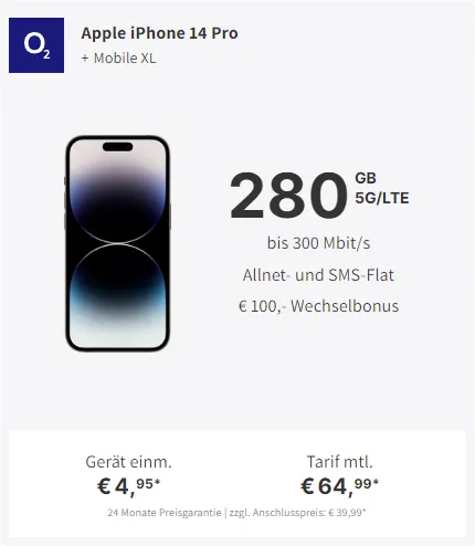 o2 Mobile XL 280 GB ab 62,99€ mit iPhone 15 (Pro) ab 1€ uvm.