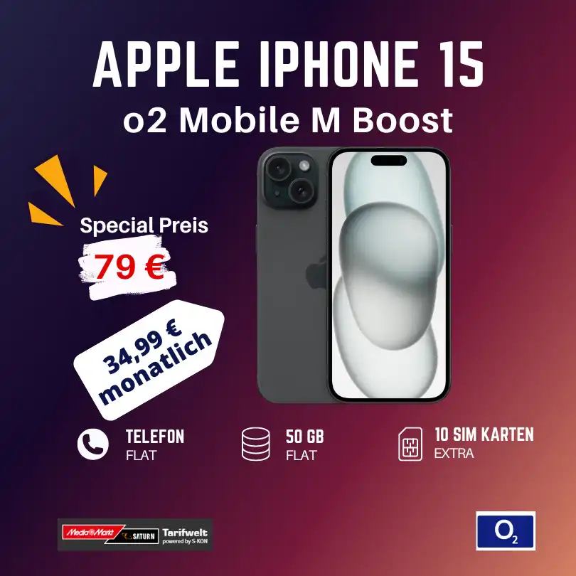 50 GB o2 Mobile M Boost mit iPhone 15 für 79 €, Galaxy S24 für 1 € uvm.